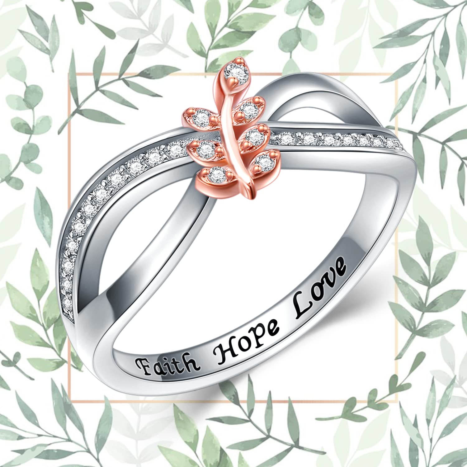 925 Sterling Silver Engraved Faith Hope Love Criss Cross Olive Leaf Ring for Women Lady Size 8