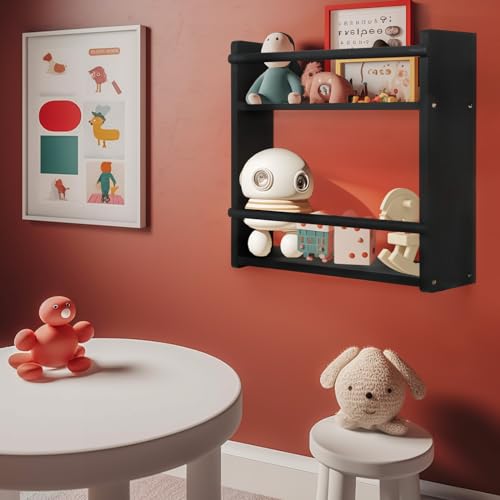YLYHSST Nursery Floating Shelves 24 Inch Solid Wood Bookshelf, Suitable for Kids Room, Nursery. Double Decker Toys Storage, Kitchen Spice Rack, Black