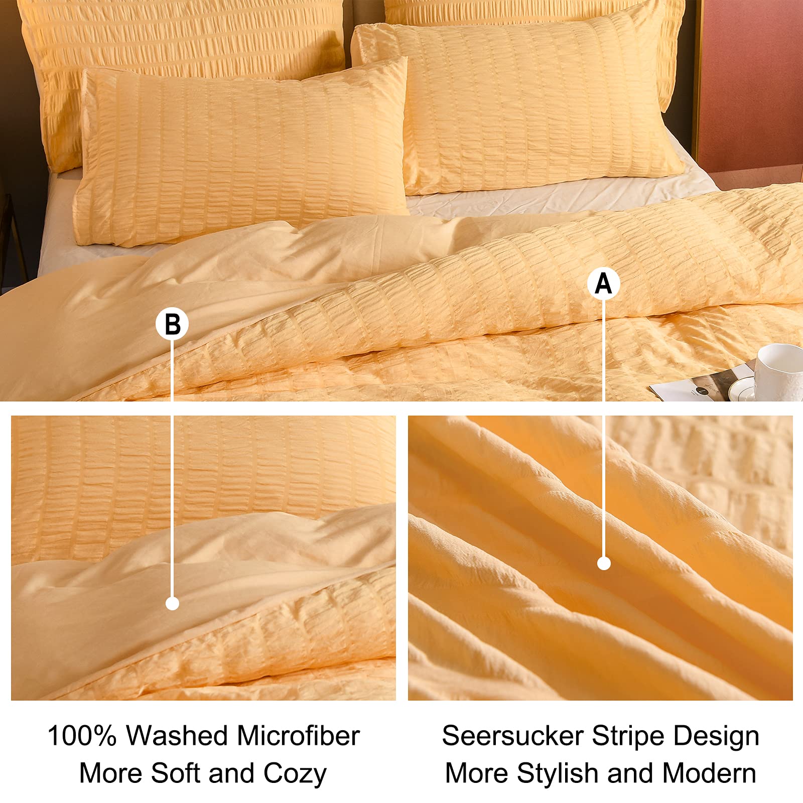 A Nice Night Seersucker Chic Comforter Set,Hotel Style Bedding Set,Soft Microfiber and Durable Bedding Set for All Seasons (Yellow, Queen(88-by-88-inches))