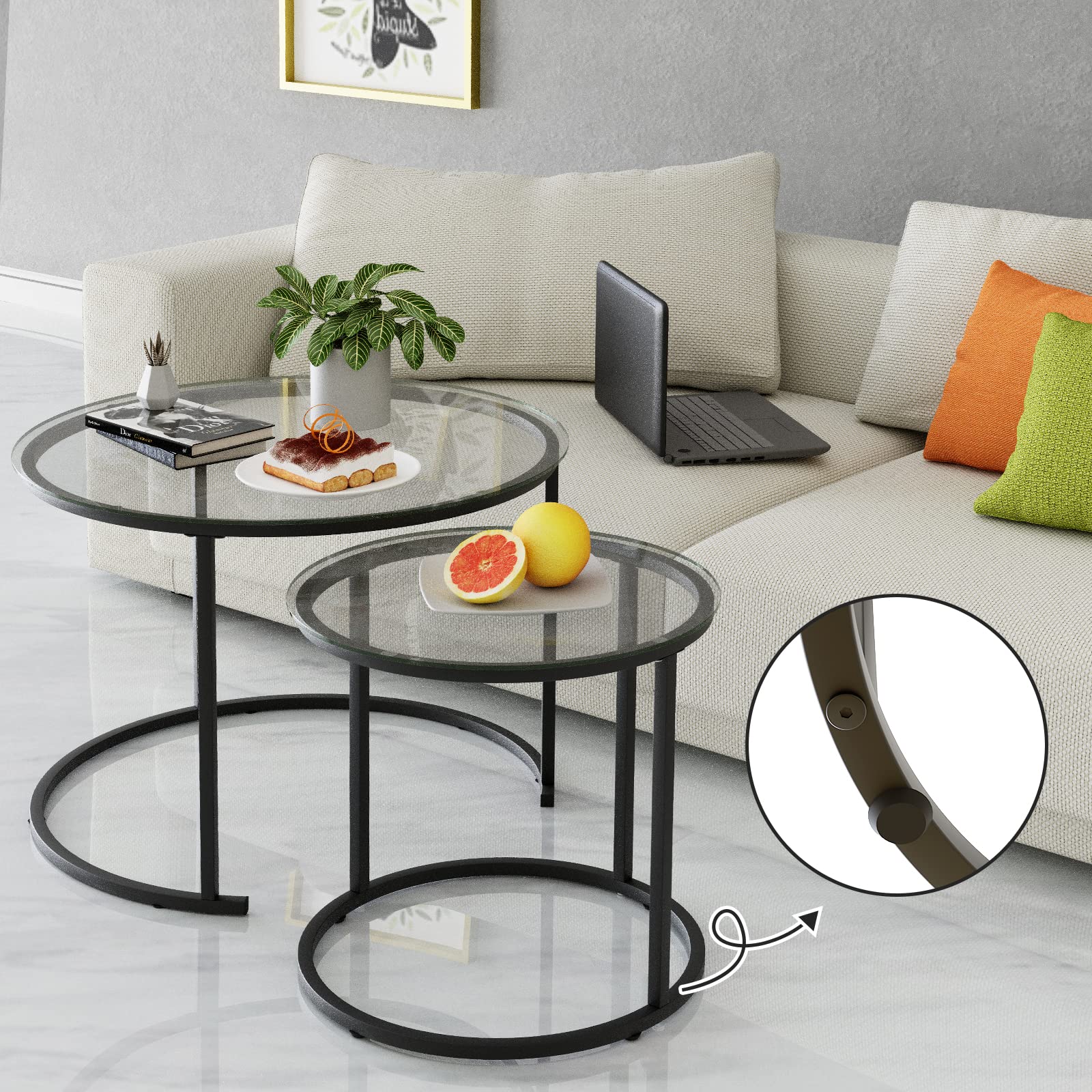 Azheruol Nesting Coffee Table Set of 2,Modern Black Tempered Glass Side Table, Metal Frame Round End Table.Small Glass Tea Table for Living Room,Bedroom Studio Apartment Essentials,17.7IN