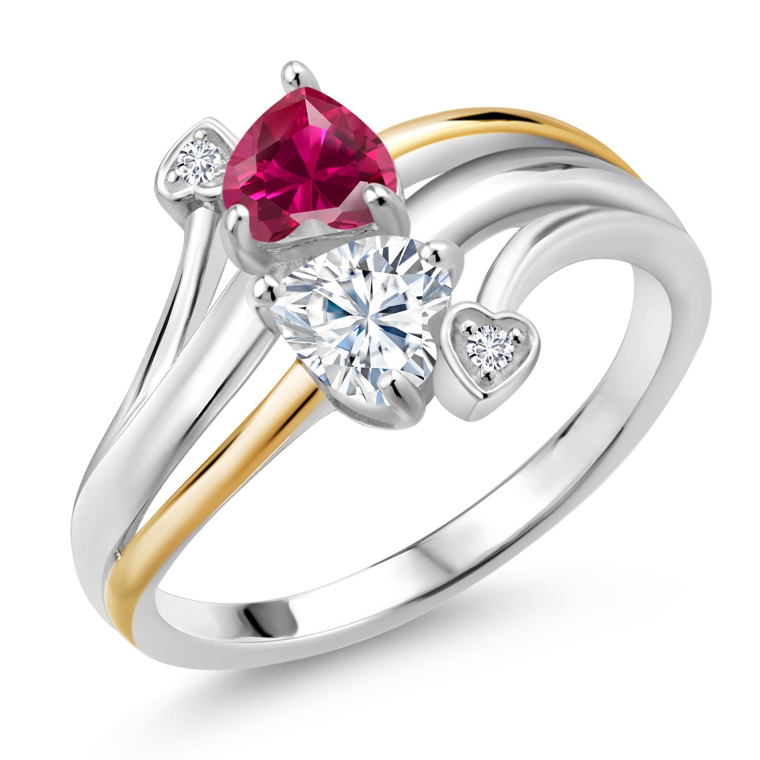 925 Sterling Silver and 10K Yellow Gold Red Created Ruby White Moissanite and Lab Grown Diamond 2 Heart Promise Couple Engagement Mother Ring (1.04 Cttw, Available In Size 5, 6, 7, 8, 9)