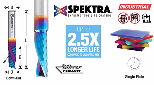 Amana Tool 51511-K Spektra Coated SC Spiral O Single Flute Plastic Cutting 1/8 D x 1/2 CH x 1/4 SHK x 2 Inch Long Down-Cut CNC Router Bit with Mirror Finish