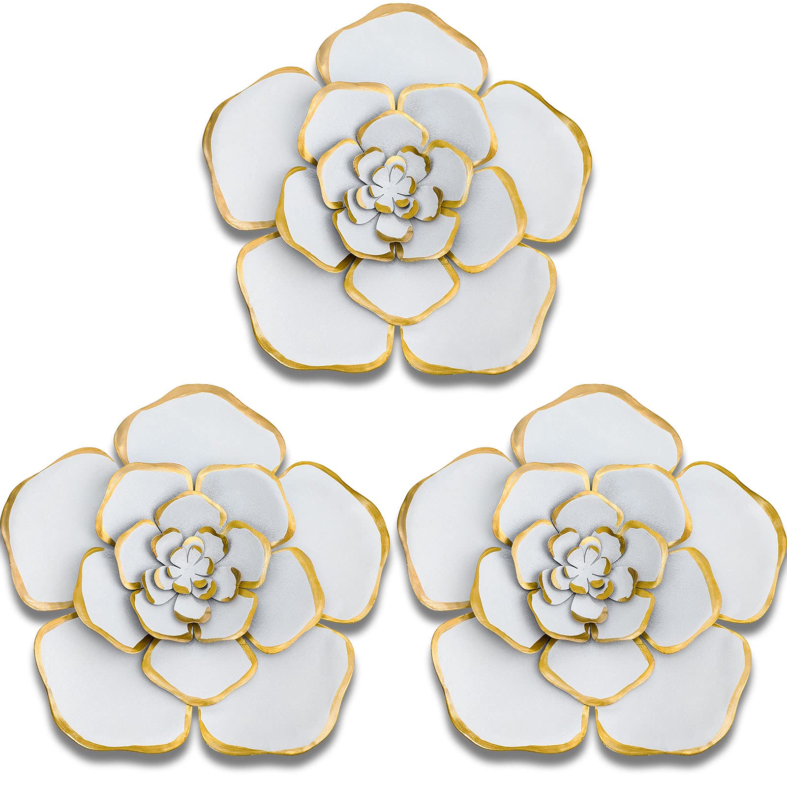 Chuangdi 3 Pieces Large Wall Metal Flowers Multiple Layer Home Decoration for Indoor Outdoor Home Garden Office Living Room Garden Porch Patio (White,8 Inch)
