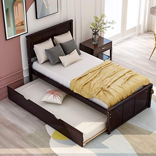 CITYLIGHT Twin Bed Frame with Trundle, Twin Trundle Bed with Headboard, Wood Twin Platform Bed for Kids,Girls,Boys or Guest Room,No Box Spring Needed,Espresso
