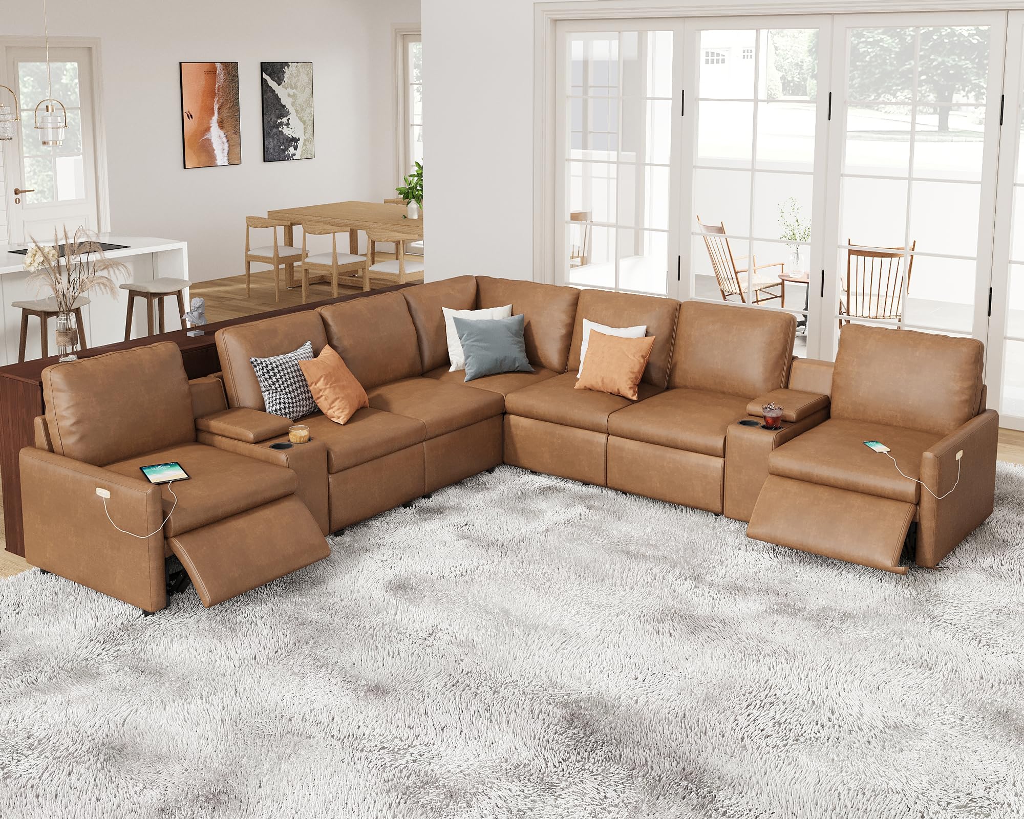 AMERLIFE Reclining Sectional Sofa, Power Recliner with Console& Dual Recliner, 7 Seat Leather Modular Sofa with Cup Holder& Charing Port, L Shaped Sofa for Living Room