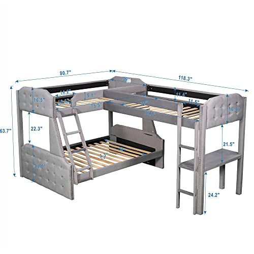 Demofit Bunk Bed and Twin Size Loft Bed and Desk, L-Shaped Twin Over Full Size Bed Frame with Ladder nd Full-Length Guardrail for Bedroom,No Boxspring Required (Grey)