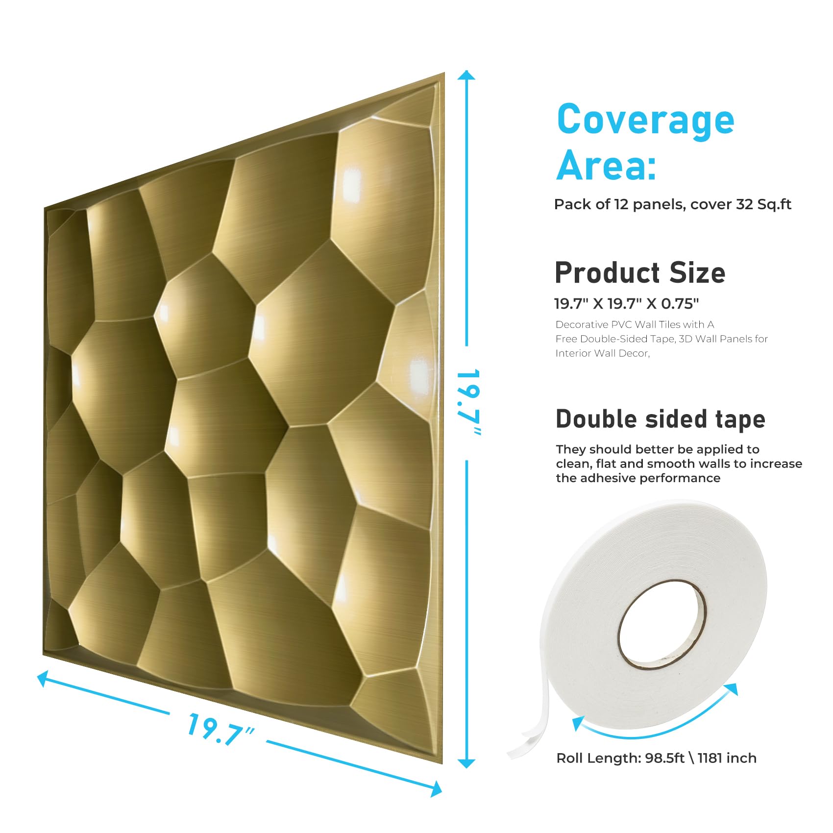 STICKGOO Watercube Wall Panels for Interior Wall Decor, Brushed Gold 3D Wall Decor Panels Peel and Stick, Accent Wall Covering Panels for Lobby, Office