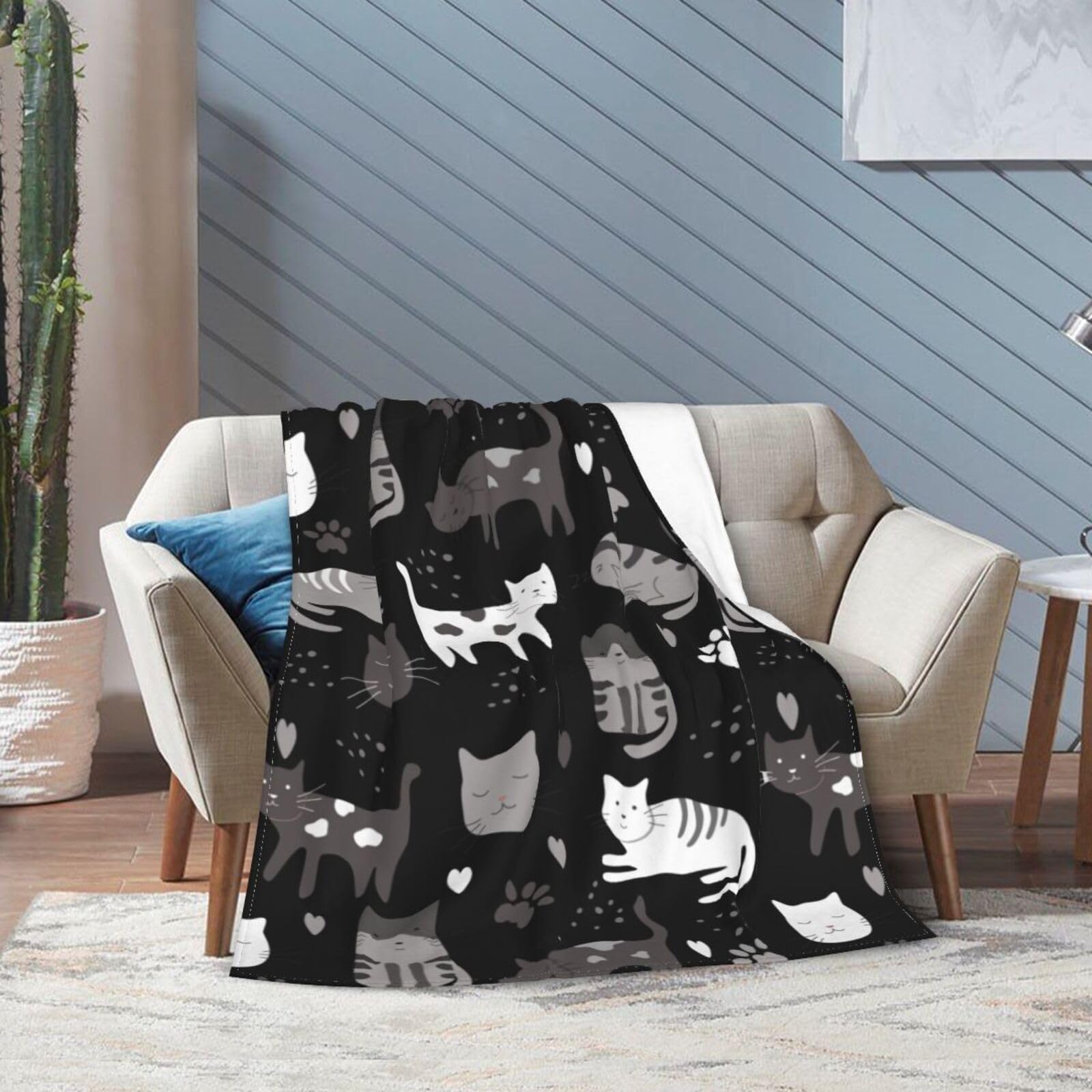 Perinsto Cats Paws Naive Childish (Black) Throw Blanket Ultra Soft Warm All Season Decorative Fleece Blankets for Bed Chair Car Sofa Couch Bedroom 60"X50"