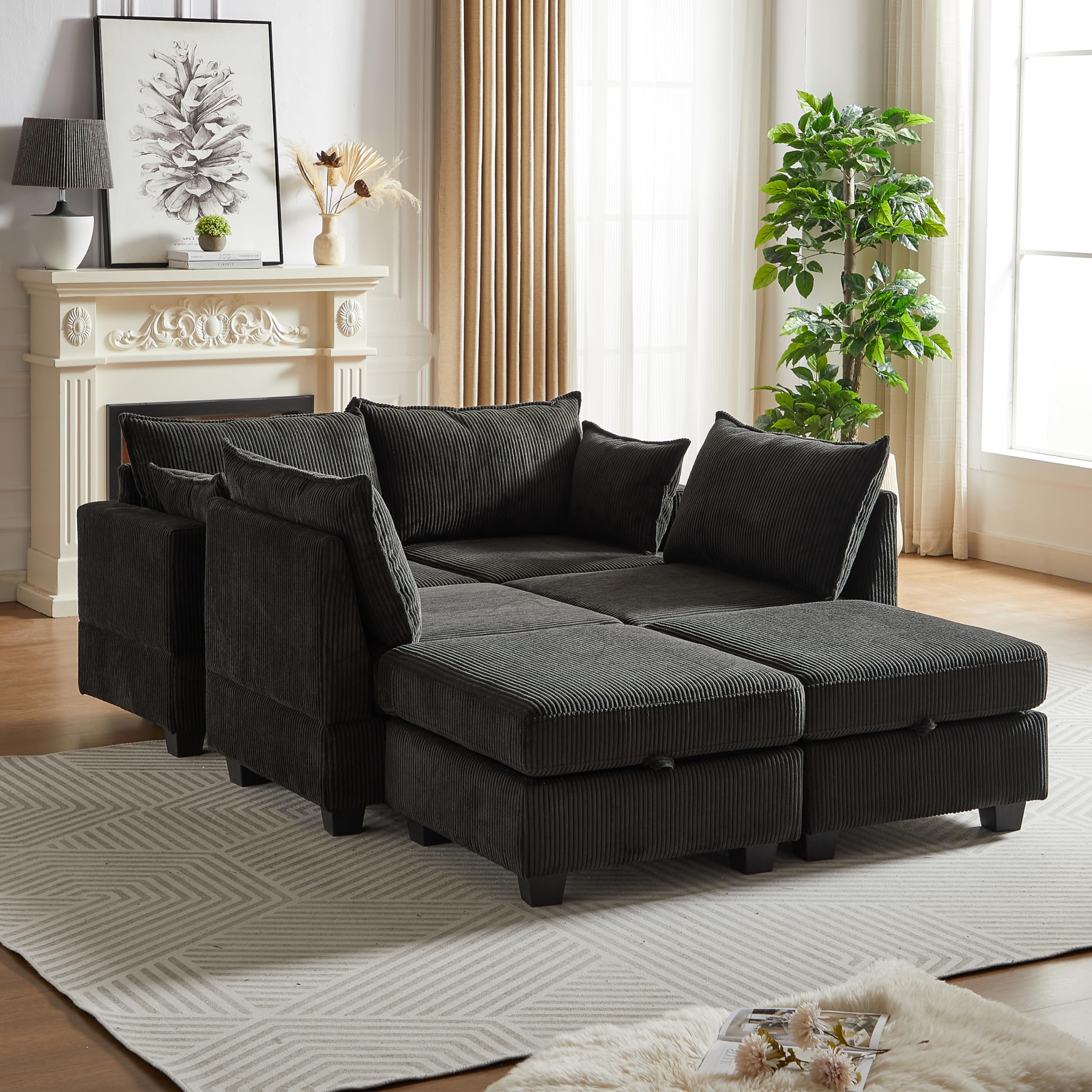 amervanito 113.5''Modern Modular Sectional Sofa, Large U-Shape Sectional Sofa Couch with Storage Seat, 6 Seats Convertible Sofa Bed with Reversible Chaise for Living Room (Black), wf035