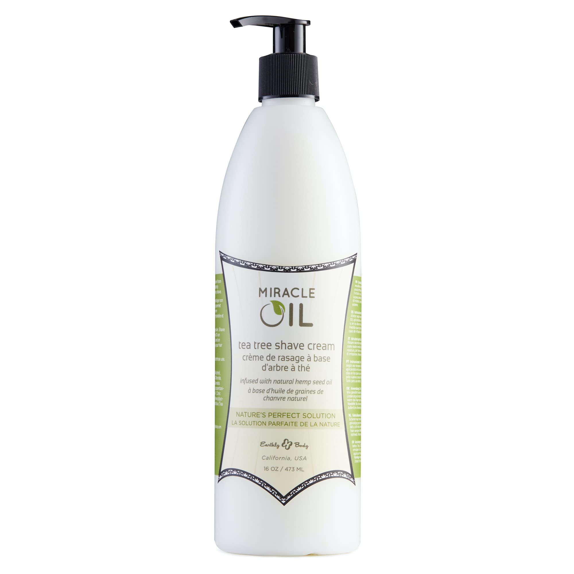 Earthly Body Miracle Oil Shave Cream, 16 oz - Helps Reduce Nicks, Small Cuts & Skin Irritation - With Tea Tree, Hemp Seed & Argan Oils - 100% Vegan, Cruelty Free