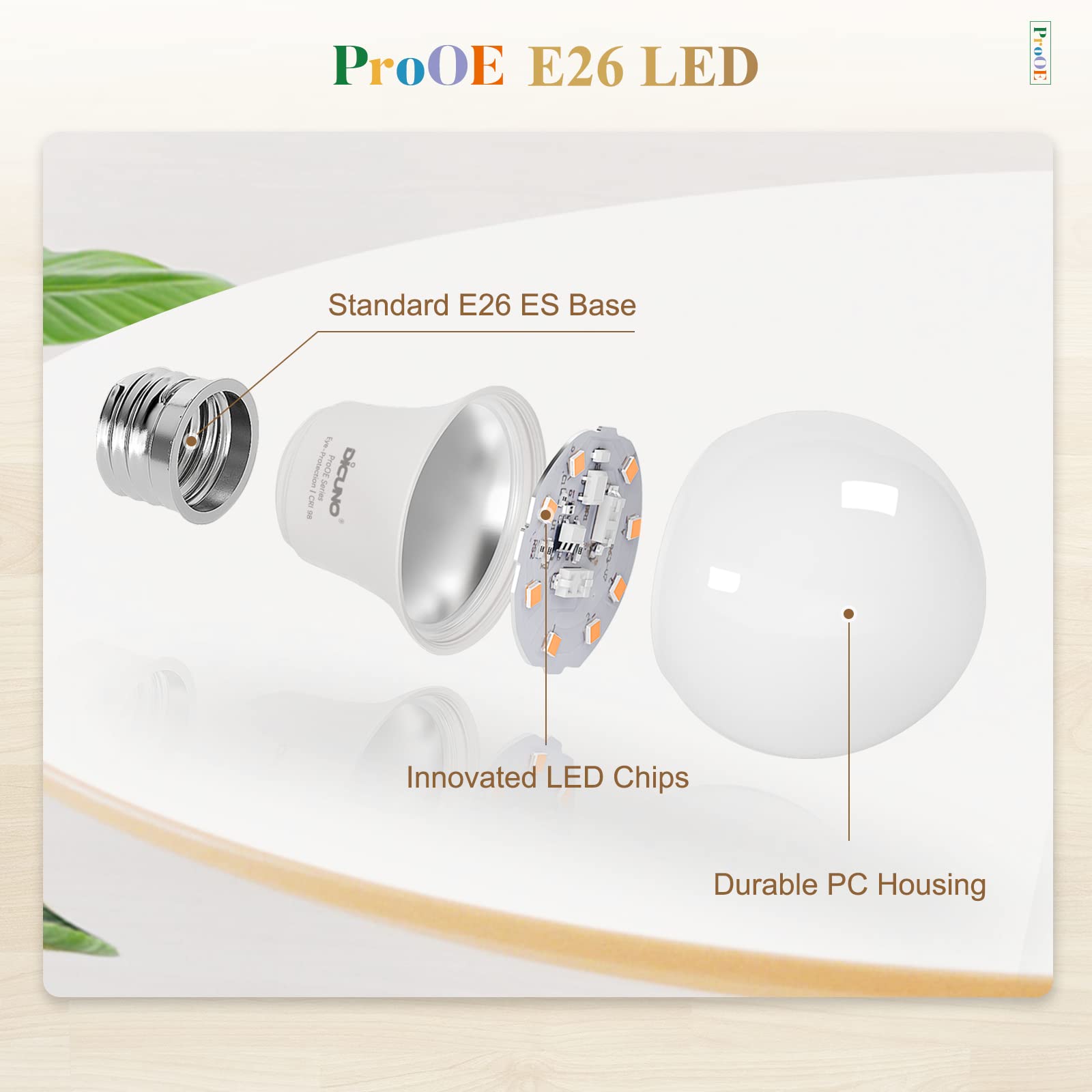 DiCUNO ProOE A19 LED Bulbs 60W Equivalent, 3000K Warm White, 806 Lumens 9W LED Light Bulb, High CRI 98, Non-dimmable, 100-240V, E26 Medium Base, Frosted, Pack of 6