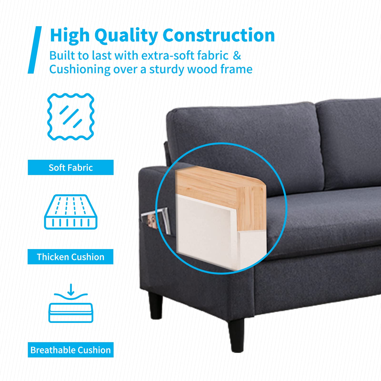 Mjkone 86" L-Shape Sectional Sofa Couch, Linen Convertible Sofa Chaise with Reversible Storage Ottoman, Large Modular Sofa with 2 Side Pockets for Living Room Apartment Studio - Dark Gray