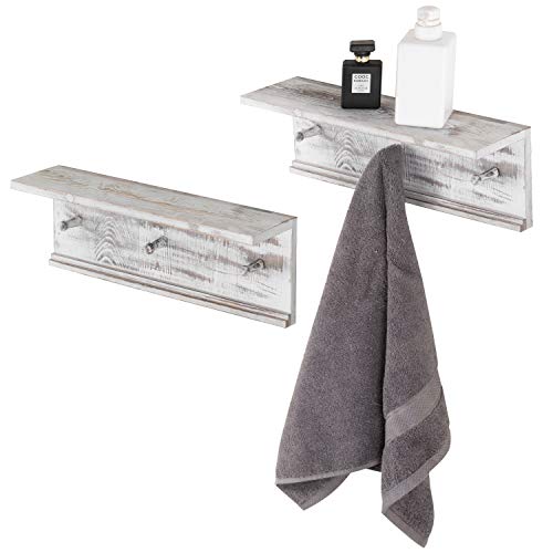 MyGift Rustic Whitewashed Wood 16-Inch Wall-Mounted Shelves with 3 Coat & Hat Pegs, Set of 2