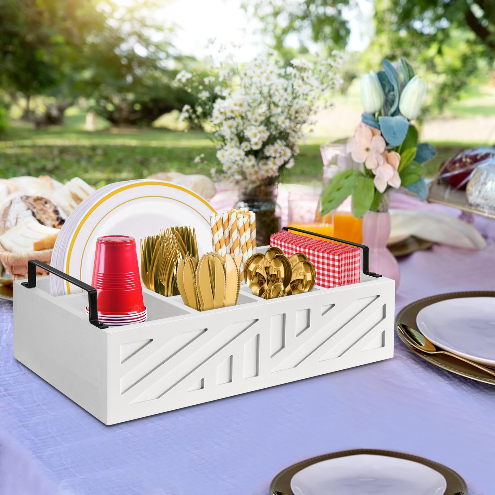 Ameuphercy Paper Plate Holder Utensil Caddy for Kitchen Counter,Paper Plate Dispenser with Large Cup Holder for Kitchen Counter, Paper Plate Organizer for Party,Wedding, BBQ(White-Carving)
