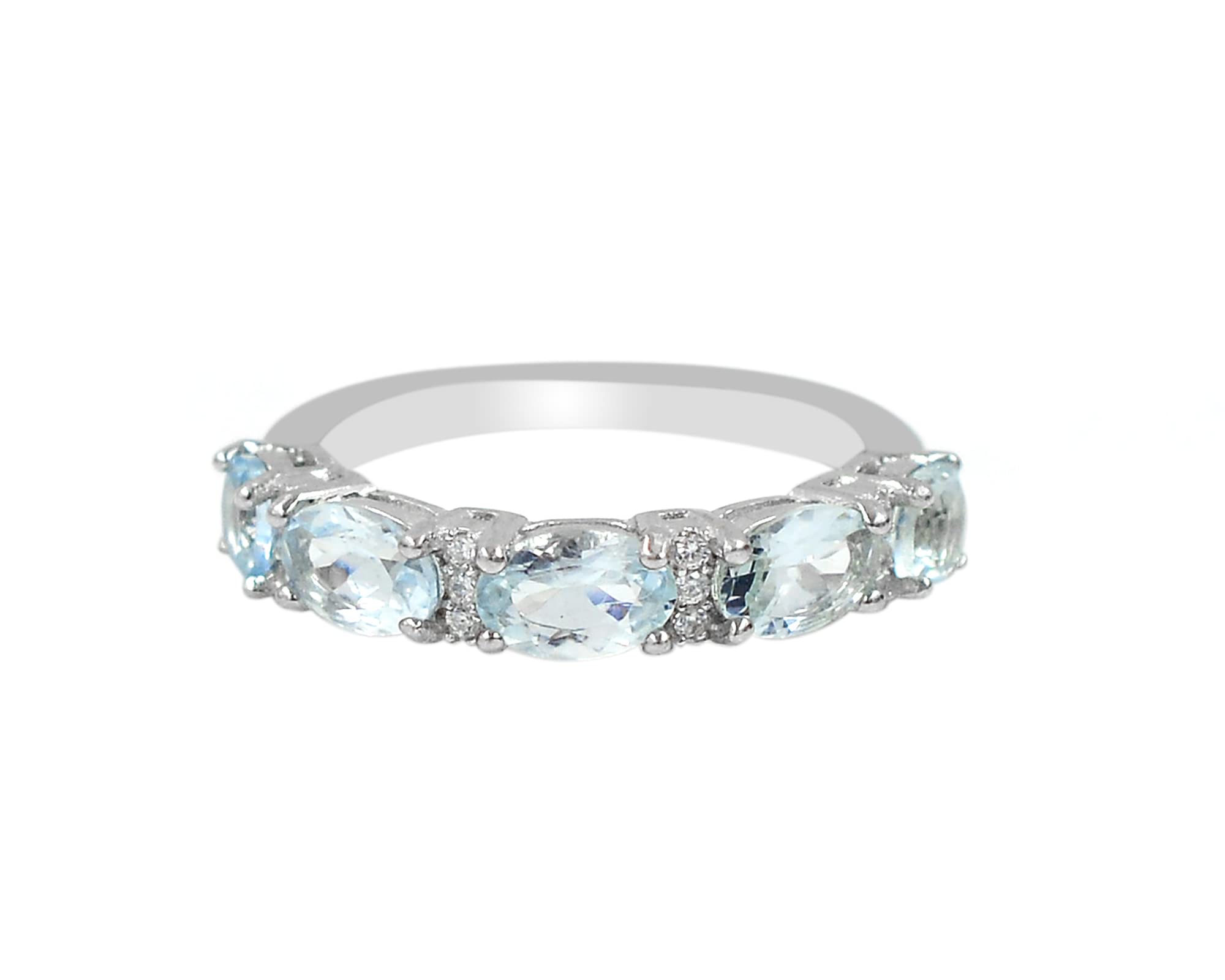 925 Sterling Silver Natural 6X4 MM Oval Cut Deep Aquamarine Gemstone March Birthstone Cluster Unisex Proposal Ring Wedding Jewelry Bridal Ring Birthday Gift Valentine's Day Gift For Her (Rhodium Plated Silver, 6.5)