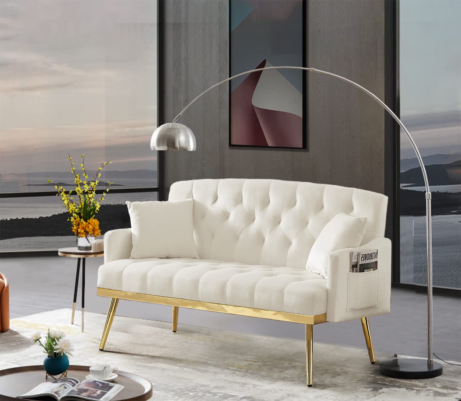 Antetek Upholstered Velvet Loveseat Sofa, Modern Small Sofa Couch with Side Pocket and Golden Metal Legs, Tufted Leisure Sofa for Living Room, Bedroom, Office, Small Space, Light Beige