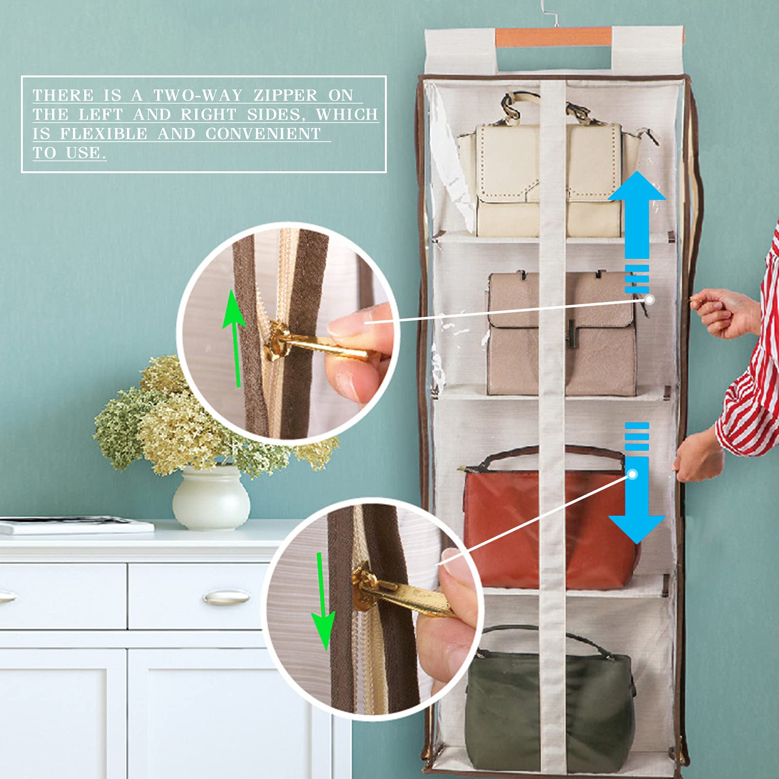 Clear Closet Hanging Handbag Organizer with Zippers, KMOTASUO Easy Access Wardrobe Tote Bag Purse Storage Holder Over The Door Space Saving Shelf Pocket for Bedrooms Living Room