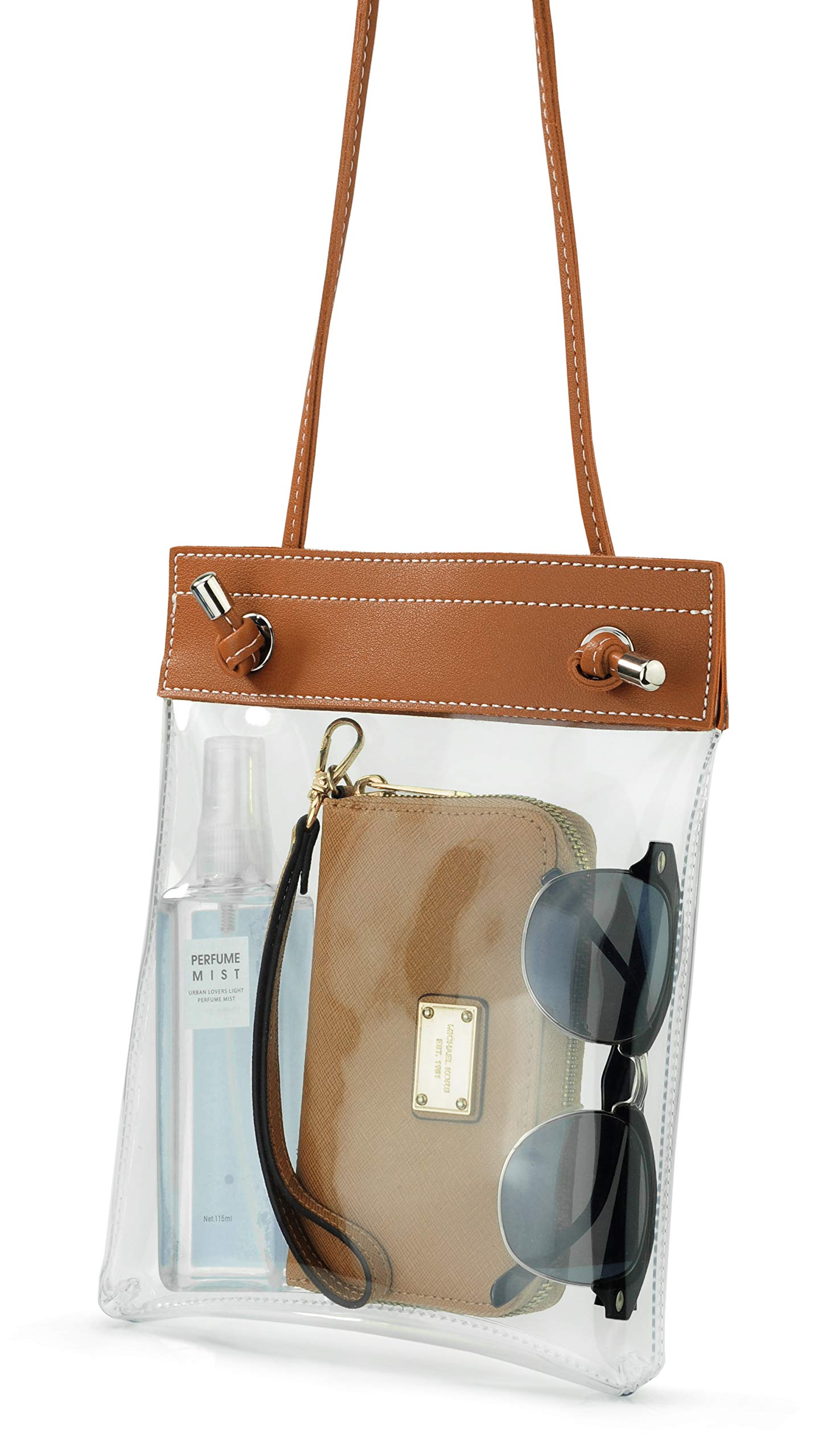 Clear Flat Cross Body Bag Women Single Shoulder Bag for Stadium Approved (Brown)