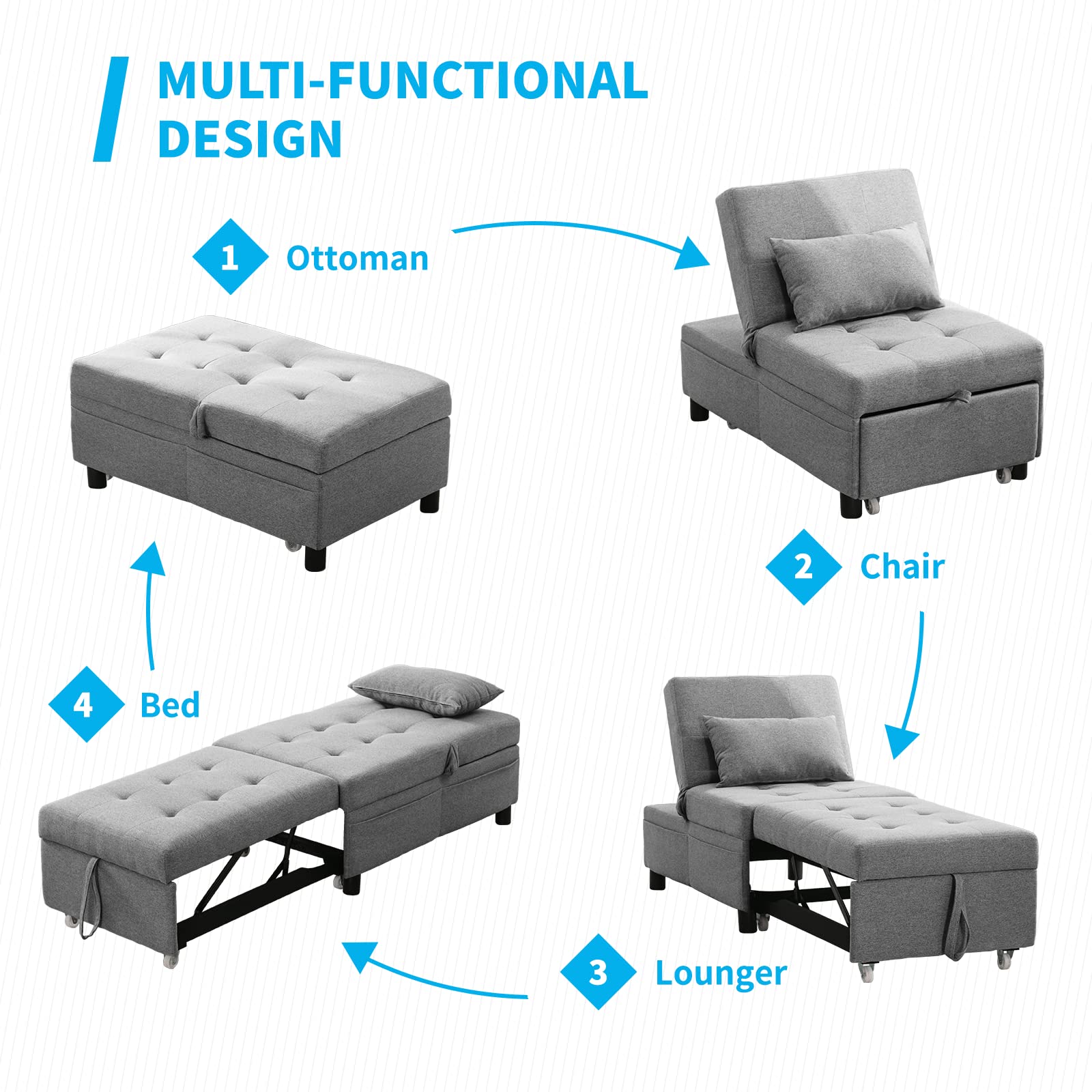 Mjkone 4-in-1 Sleeper Chair with Adjustable Backrest with Free Pillow, Pull Out Sofa Couch Bed with Memory Foam for Compact Living Room (No Assemble Need,Light Grey)