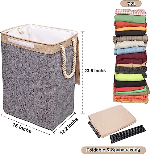 HEDAQI Laundry Basket Hamper with Lid Collapsible 72L Large Laundry Hamper with Lid and Removable Bag Liner, Waterproof Hamper Storage Basket for Laundry, Bedrooms, Bathroom (Grey)