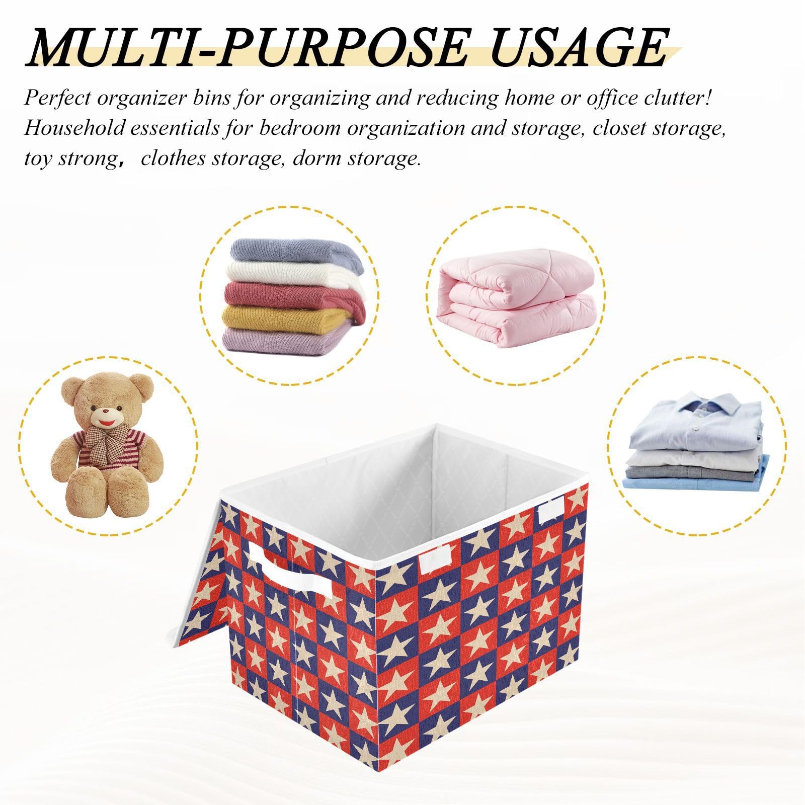 Patriotic Stars Storage Bins with Lids and Handles, Foldable Storage Box Storage Basket with Cover Collapsible Organizer Containers for Home Closet, Shelves