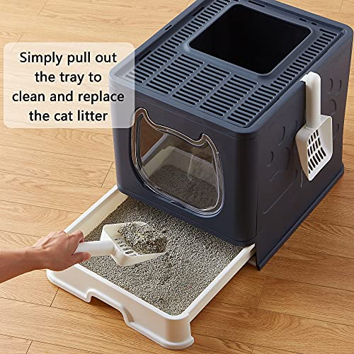 Kitty Litter Box with Lid Foldable Enclosed Kitten Potty with Cover Front Entry and Top Exit Cat Litter Boxes Drawer Type Easy Clean No Odor Control 2 in 1 Cleaning Brush(Black)