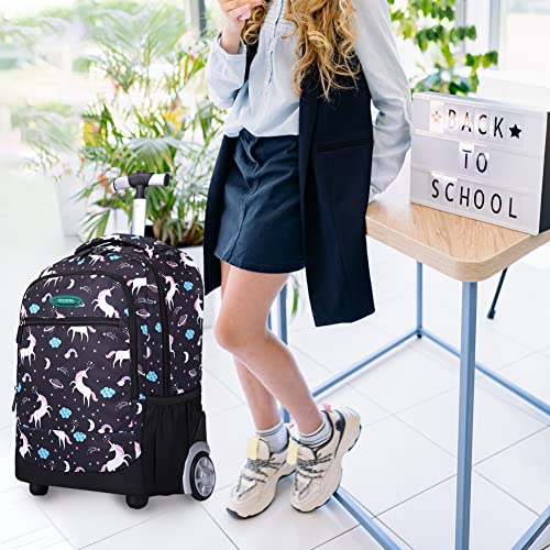 Tanou Rolling Backpack for Kids Adults, 18" Waterproof Backpack with Wheels for Girls Boys, Roller Bookbags for School Travel, Age 7+, Black Horse