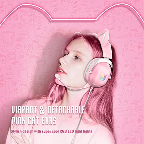 HOLULU Surround Sound Headphones with 3.5mm & USB C Plug, Compatible with PC Mobile Phones Tablet, PS5 PS4 Xbox One(Adapter Not Included) Gaming Headset with Detachable Cat Ears, RGB, Removable Mic…