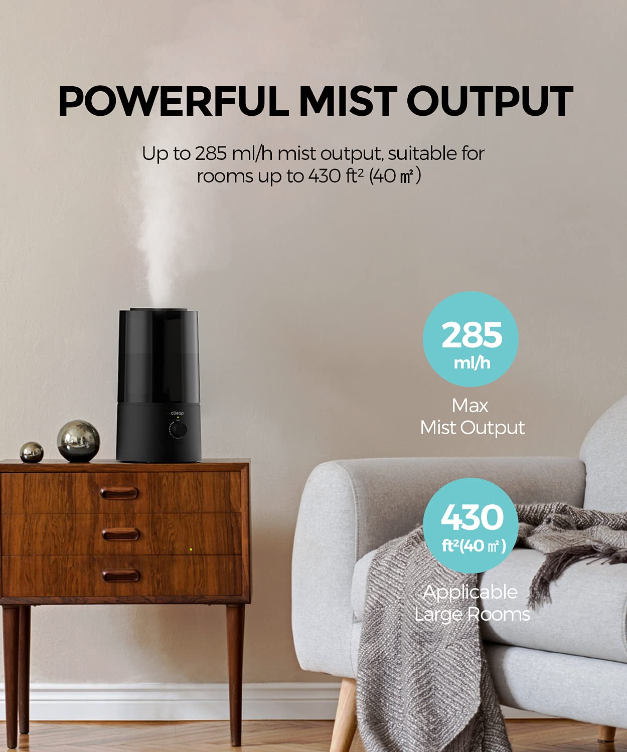 Clieap™ Humidifiers for Bedroom, 4L Air Humidifiers for Large Room, Ultrasonic Cool Mist Humidifiers for Baby, 30H Work Time, Auto Shut-Off (Black)