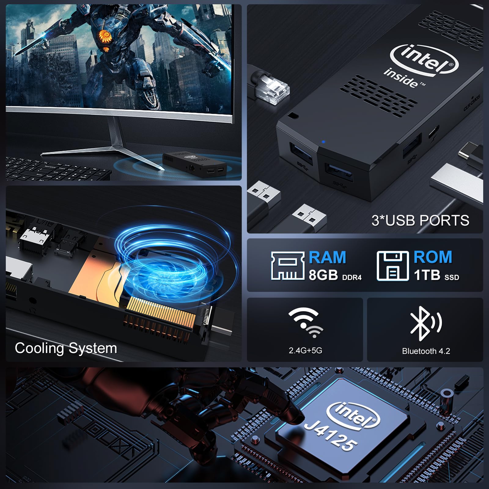 AIOEXPC Mini PC Stick Intel Celeron J4125 Windows 11 Pro 8GB DDR4 512GB SSD Compute Stick Support 4K HD, Gigabit Ethernet, 2.4G+5.0G Dual Band Wi-Fi, USB 3.0 Port, Bluetooh 4.2