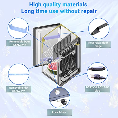 Smad Compact Mini Fridge Quiet No Noise Absorption Refrigerator with Lock 40L Truck Fridge 110V/12V Refrigerator 1.4 cu.ft, Black