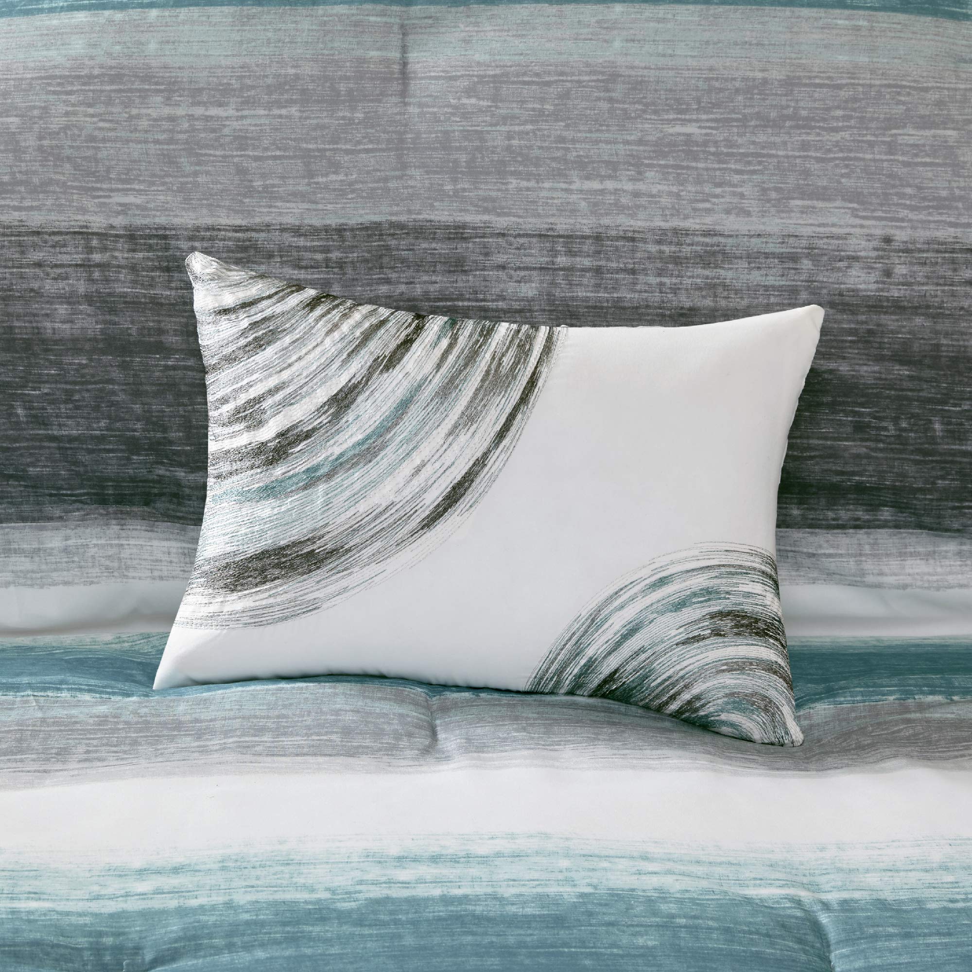 Madison Park Essentials Bed in a Bag Comforter, Vibrant Color Design All Season Down Alternative Cover with Complete Cotton Sheet Set, Queen (90"x90"), Saben, Stripe Aqua 9 Piece