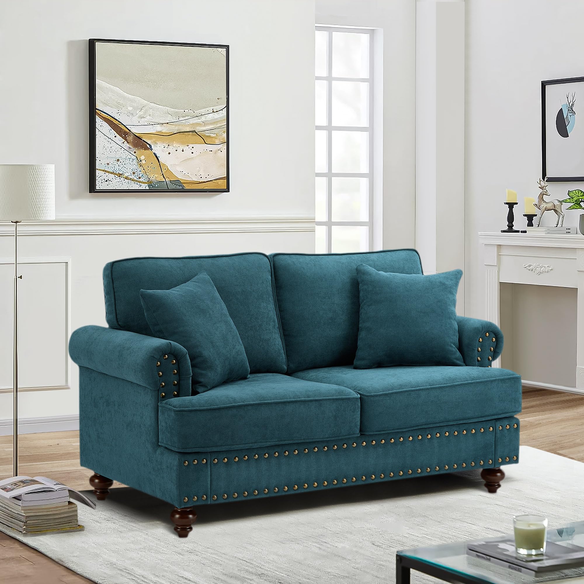 Mid Century Modern Sofa Set, Comfy Chenille Living Room Furniture Sets, Sectional Sofa and Loveseat Set Upholstered Couch Set Nailhead Trim Rolled Arms juegos de muebles de sala (White, 3 Piece)