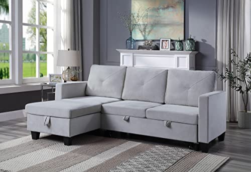 GLANZEND Velvet Convertible Sleeper, L-Shape 3 Seater Reversible Sectional Couch with Storage Chaise, Pull-Out Sofa Bed for Living Room, Small Apartment, Dorm, Light Gray, 60 Inch