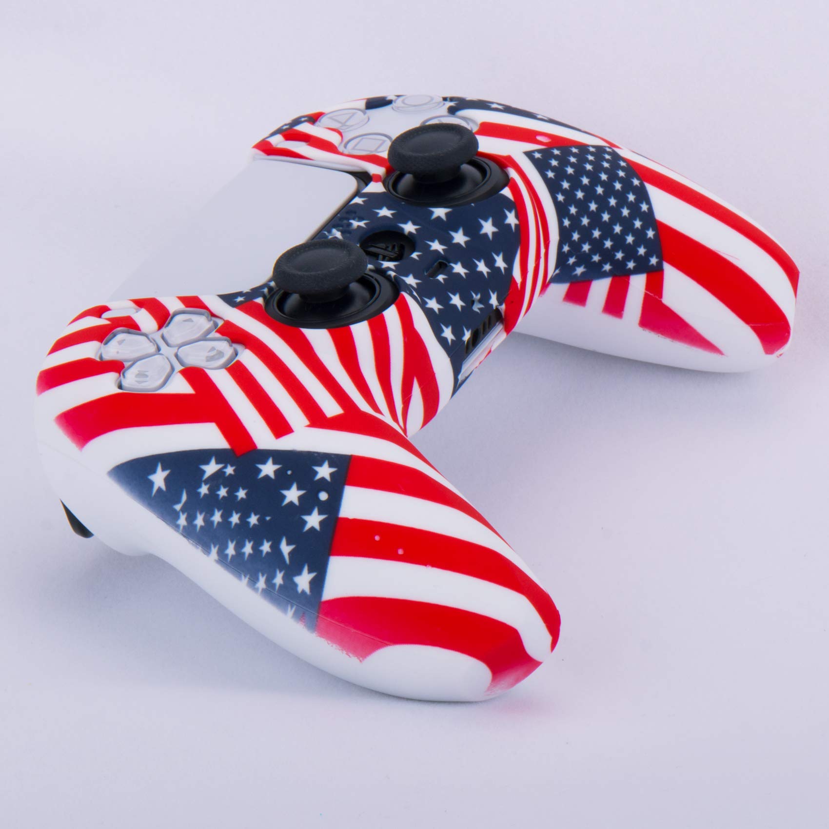 9CDeer 1 Piece of Silicone Transfer Print Protective Thick Cover Skin + 6 Thumb Grips for PlayStation 5 / PS5 Controller American Flag