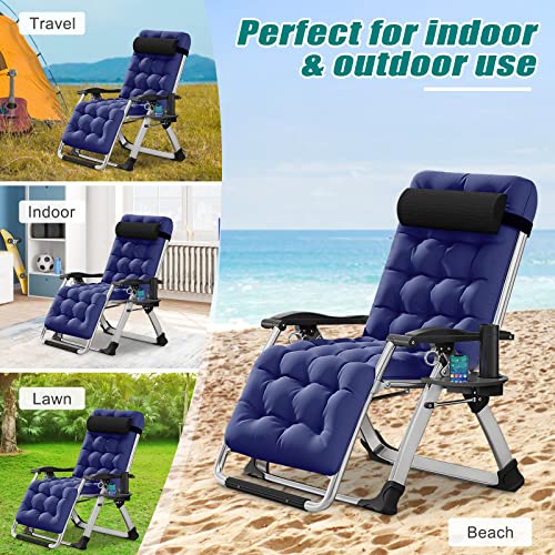 Zero Gravity Chair, Lawn Recliner, Reclining Patio Lounger Chair, Folding Portable Chaise with Detachable Soft Cushion, Cup Holder, Headrest