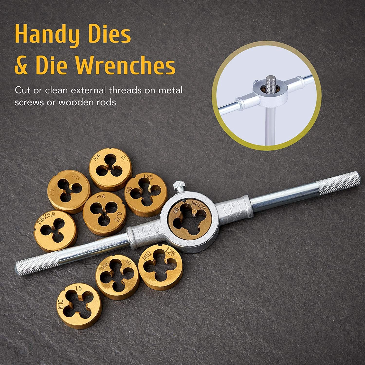 80pc Titanium Coated Tap and Die Set in SAE and Metric Sizes | Titanium Steel Metric and Standard Tap Set and Die Tool Set for Internal and External Threading