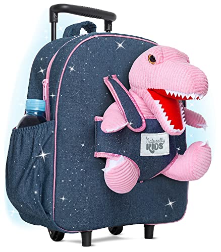 Naturally KIDS Dinosaur Backpack - Dinosaur Toys for Kids 3-5 - Kids Suitcase for Boys Girls w Stuffed Animal - Gifts for 7 Year Old Boy - w Pockets & Reflective Logo - Rolling Backpack w Pink T Rex