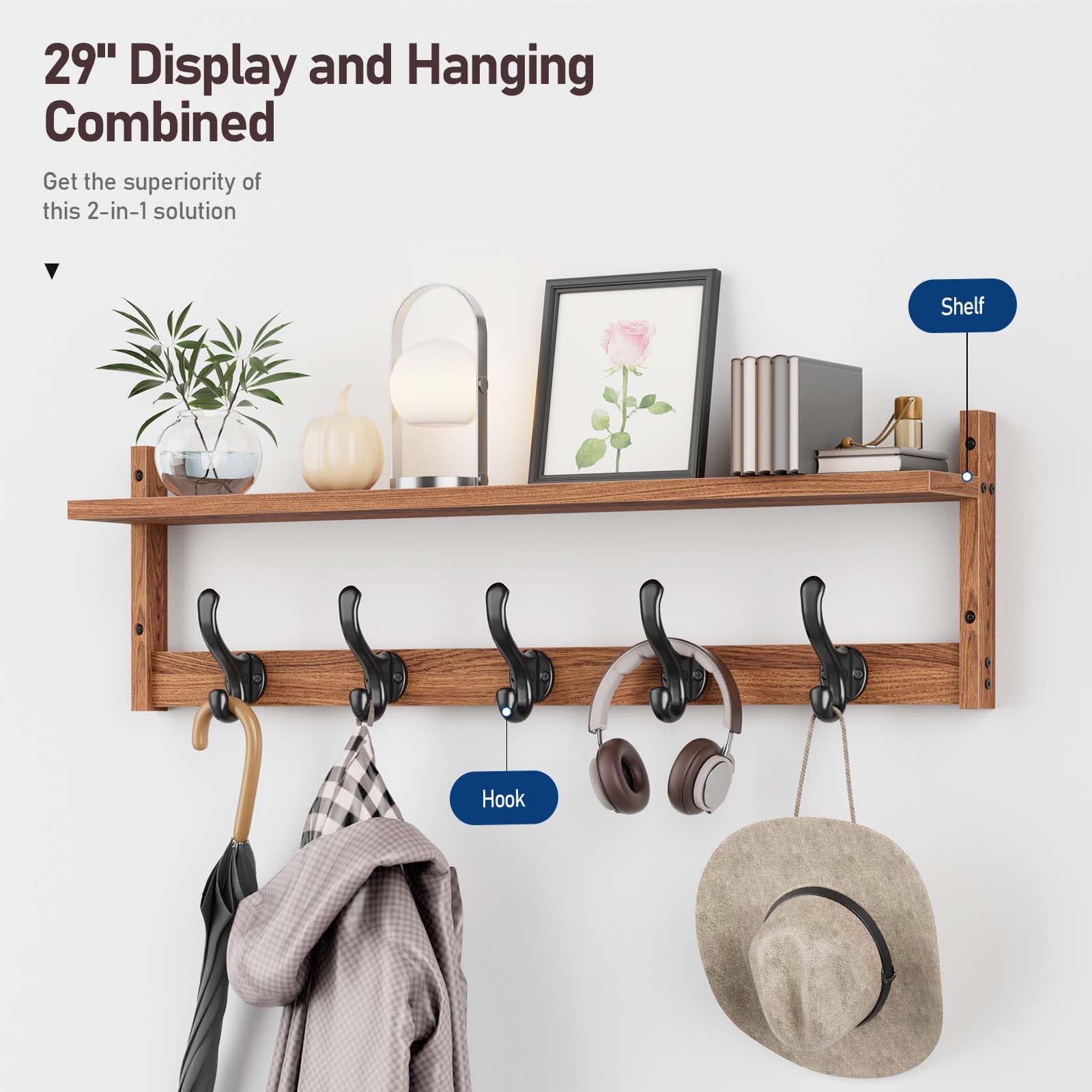 Tatub 29'' Coat Rack Wall Mount with Shelf, Wood Wall Hooks with Storage, Entryway Shelf with 5 Hangers for Bathroom, Living Room, Bedroom, Rustic Brown