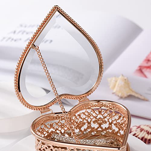 Funerom Vintage Glass Jewelry Box,Wedding Engagement Ring Dish DisplayTrinket Keepsake Box Gold Heart Shape