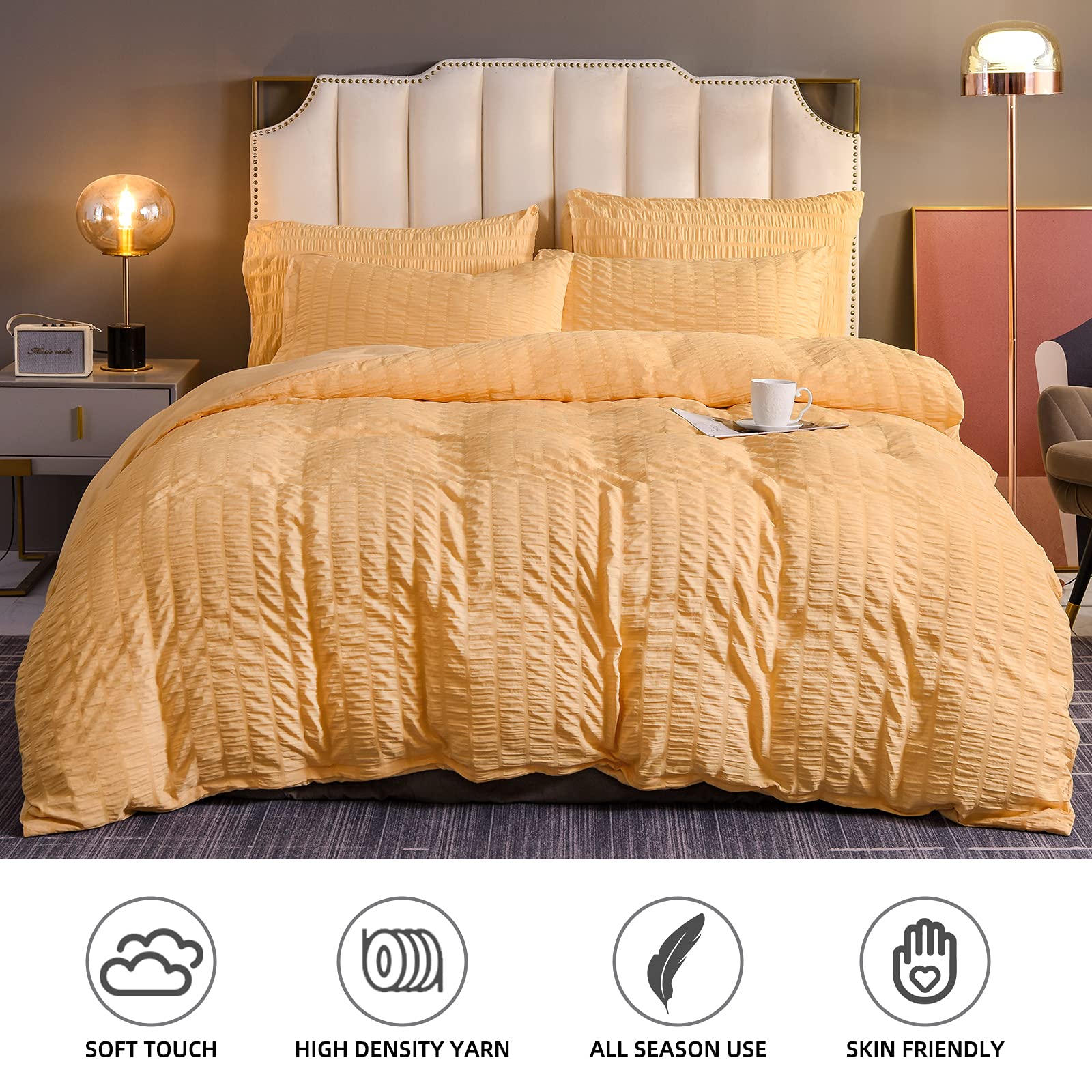 A Nice Night Seersucker Chic Comforter Set,Hotel Style Bedding Set,Soft Microfiber and Durable Bedding Set for All Seasons (Yellow, Queen(88-by-88-inches))