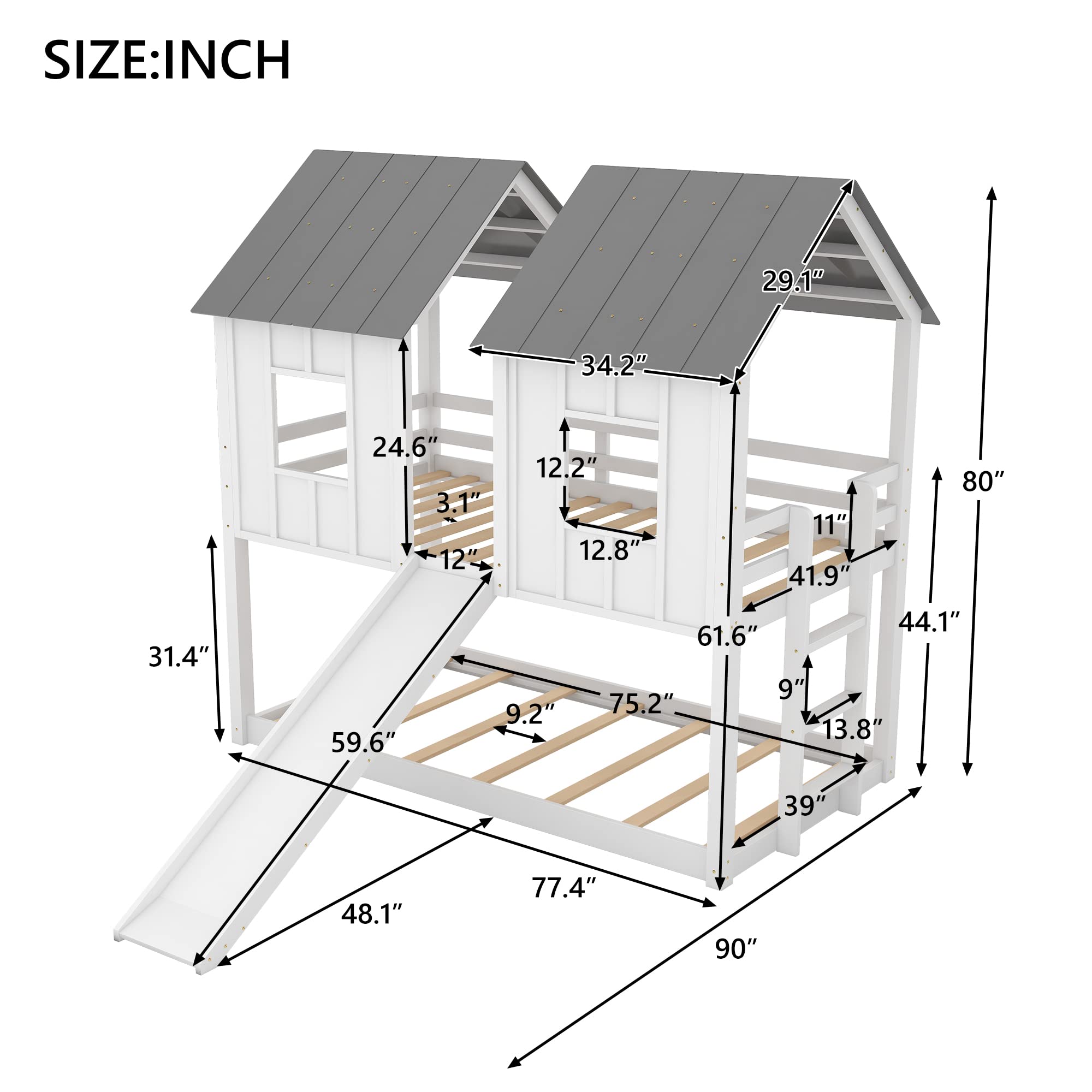 Merax Twin-Over-Twin Wooden House Bunk Bed with Slide, Windows, Ladder and Guardrails, Twin Size White House Bunk Bed