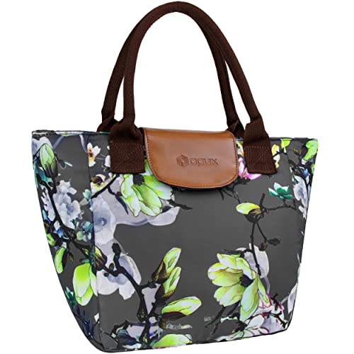 OPUX Large Lunch Bags for Women, Insulated Lunch Tote for Adult Women Work, Tall Reusable Lunch Box Purse for Girls with Pockets for Work Office, Lunch Cooler for Meal Prep, 15 Cans (Floral Gray)