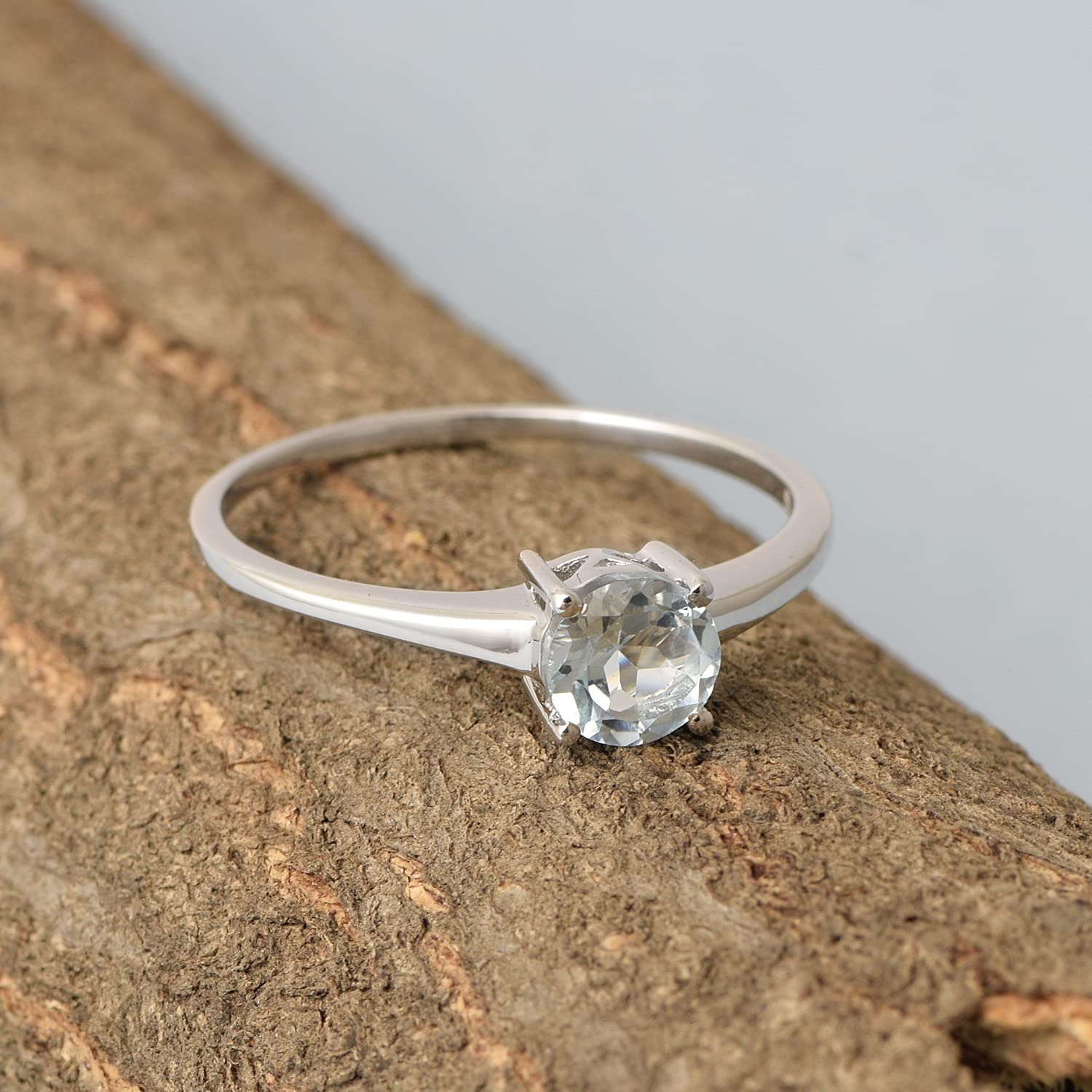 925 Sterling Silver Round 6 MM Blue Topaz Solitaire Women Ring (1.00 Ct, 6MM Round, Gemstone Birthstone) (Sterling Silver, 8)