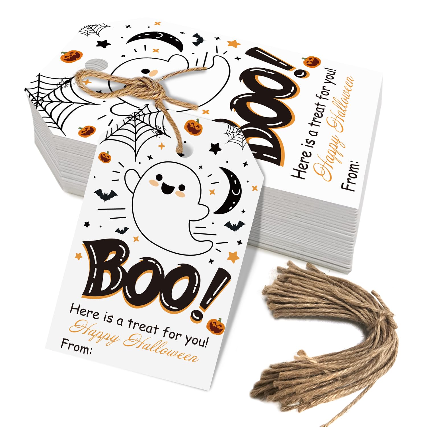 Aukolass 50Pcs Boo Gift Tags, Halloween Treat Tag for Spooky Ghost Party Favor and Gift Wrapping Decoration (Boo)