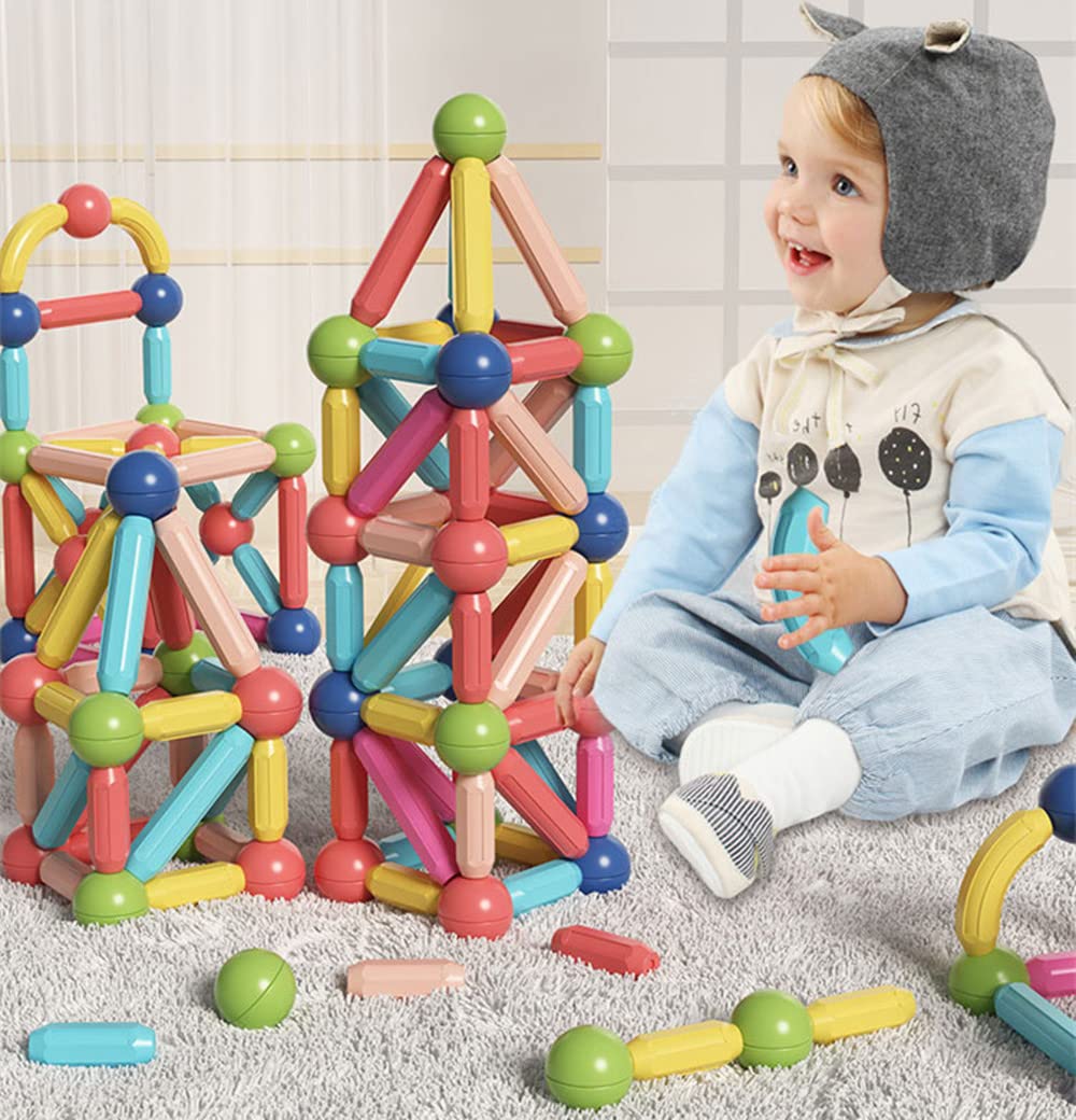fengyang 64 PCS DIY Magnetic Balls and Rods Set Building Sticks Blocks Vibrant Colors Different Sizes Curved Shapes Children Educational Stacking STEM Magnet Toys for Kids Age 3+…