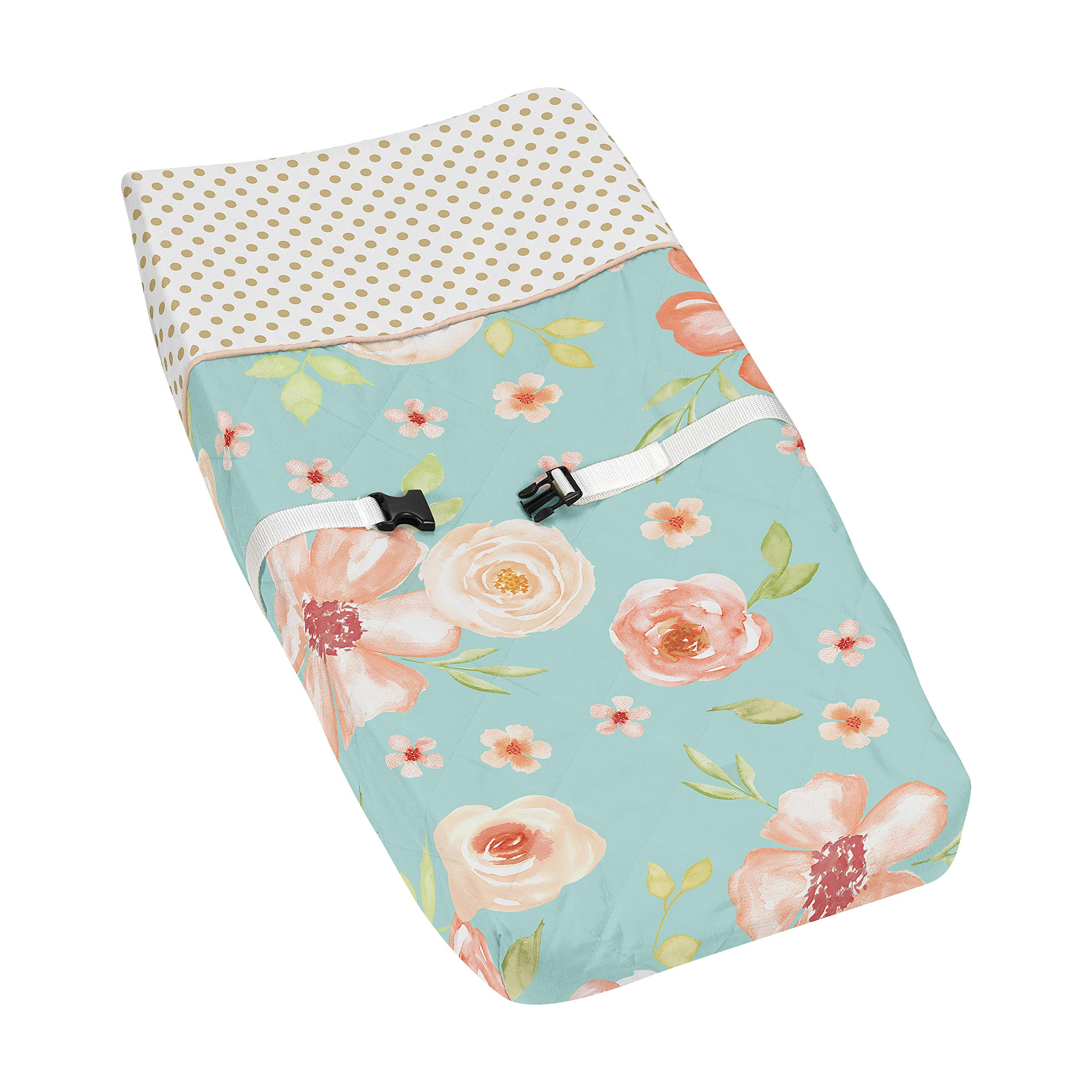 Sweet Jojo Designs Turquoise, Peach and Gold Changing Pad Cover for Watercolor Floral Collection - Pink Rose Flower