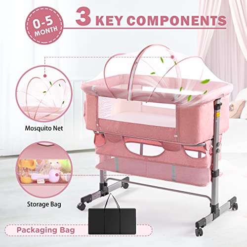 Ihoming Baby Bassinet Bedside Sleeper, Baby Bed Side Crib with Storage Basket, Easy Folding Bassinets, Adjustable Baby Bed for Infant Newborn, Pink