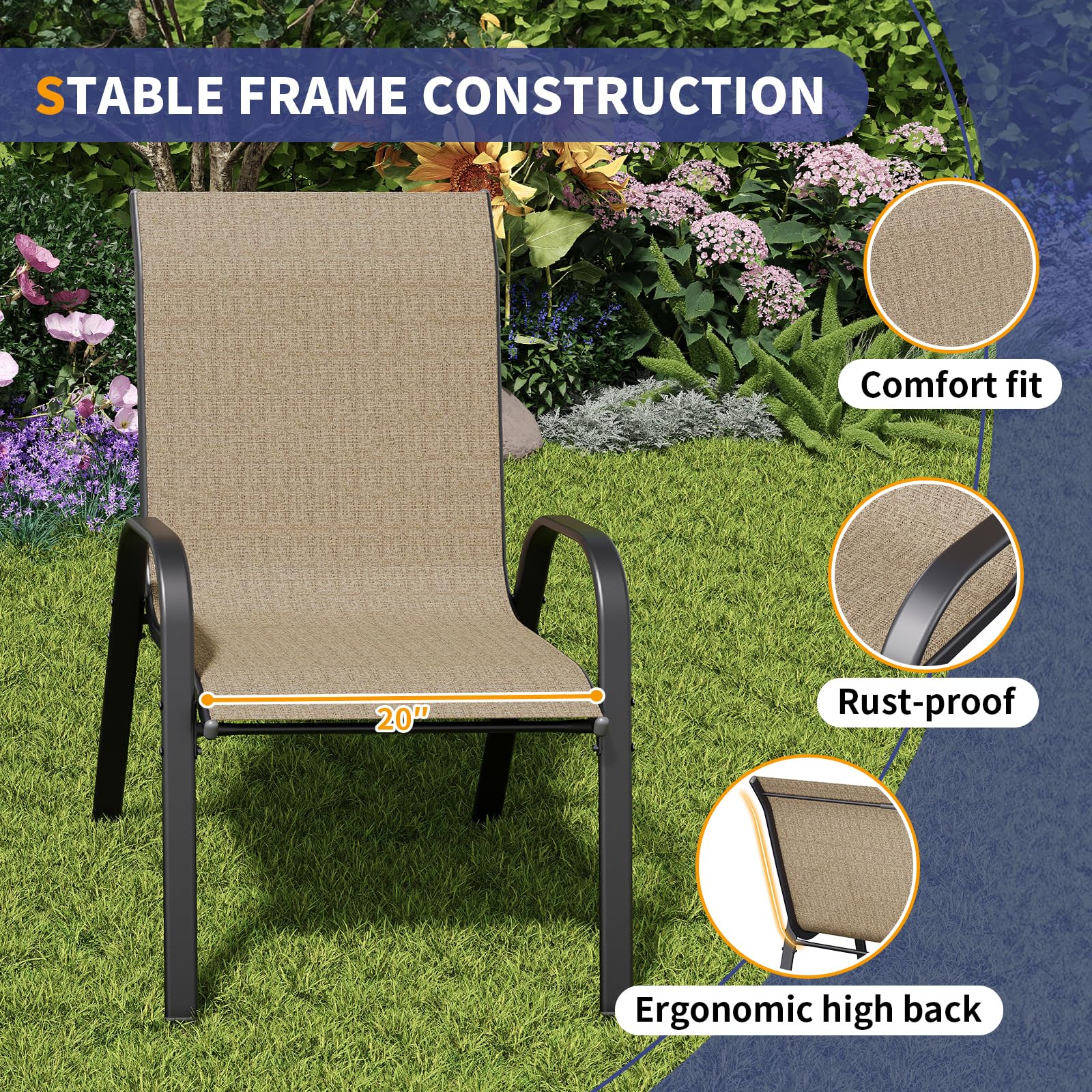 Amopatio 3 Piece Patio Set, Outdoor Stackable Dinging Chairs for All Weather, Breathable Garden Outdoor Furniture for Backyard Deck, Brown