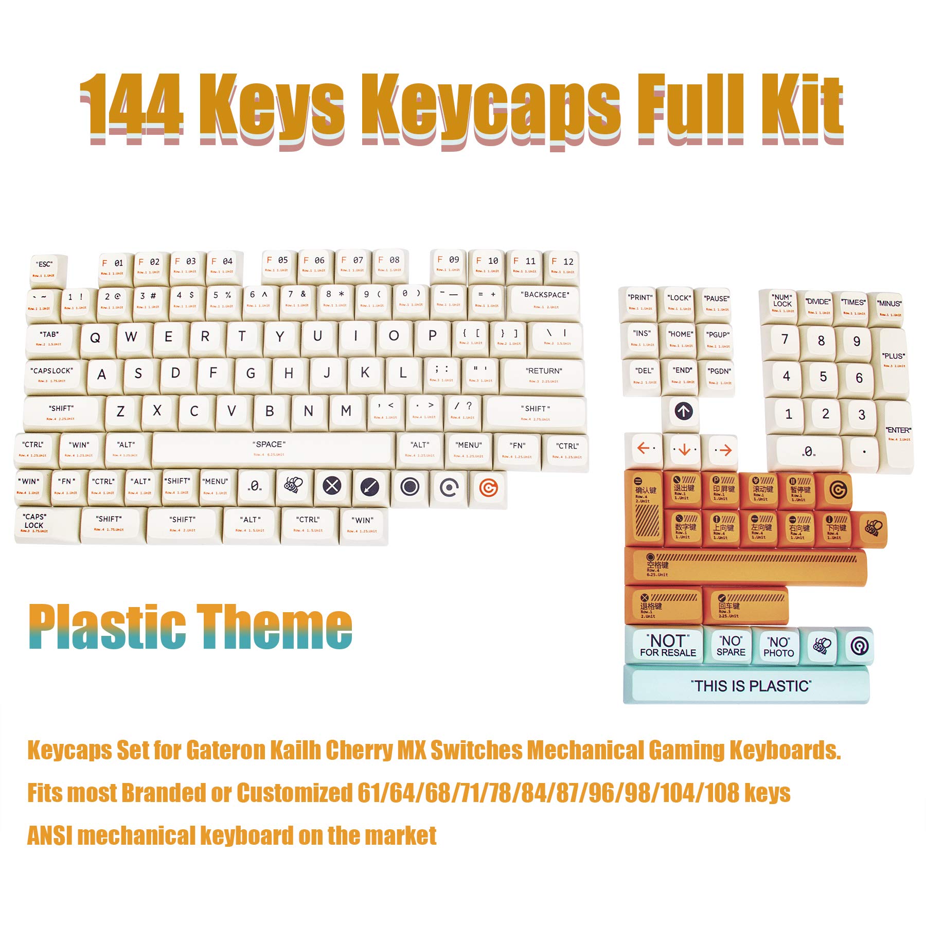 Tokey 144 Keys Set XDA Profile Custom Keycaps PBT Dye Sublimation ANSI Layout Keycaps Set for Gateron Kailh Cherry MX Switches Mechanical Gaming Keyboards (Plastic Theme)